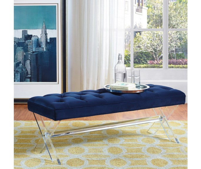Marie Navy Velvet Acrylic Bench – Luxe Furniture Inc