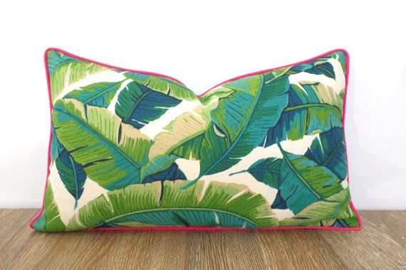 Isla Palm Print Throw Pillow - Turquoise, Green & White Fabric - Pink ...